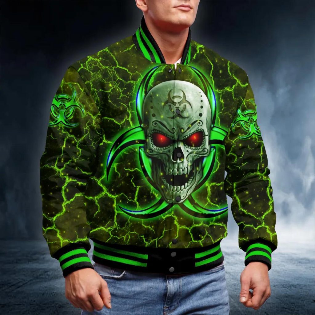 Biohazard Symbol Green Flame Skull Baseball Jacket - Skull & Viking ...