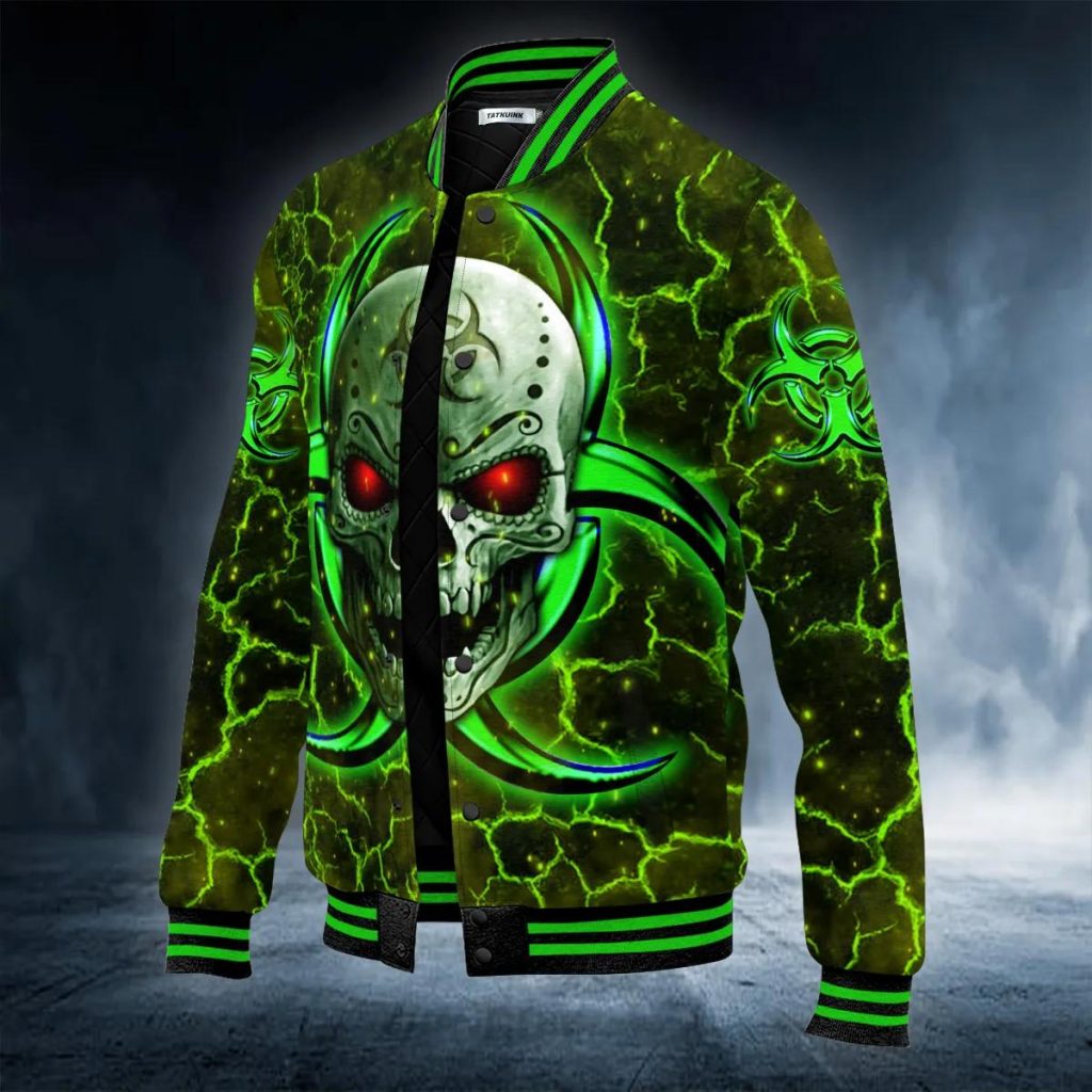 Biohazard Symbol Green Flame Skull Baseball Jacket - Skull & Viking ...