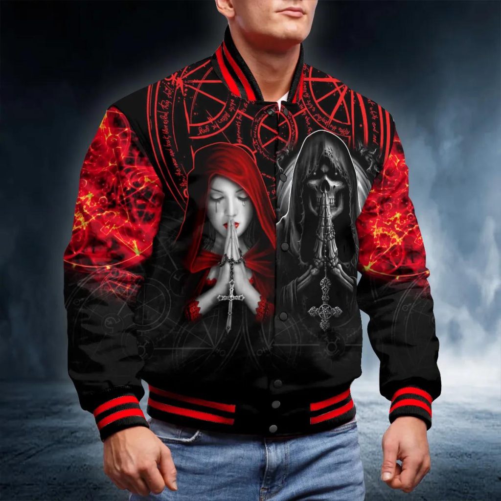 Black Red Gothic Prayer Skull Baseball Jacket - Skull & Viking Graphic ...