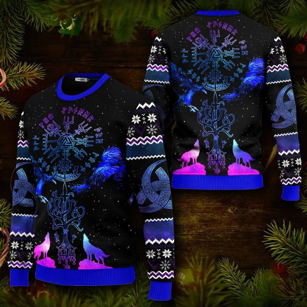 Blue Vegvisir Triple Horn Pattern Wolf Viking Ugly Christmas Sweater ...