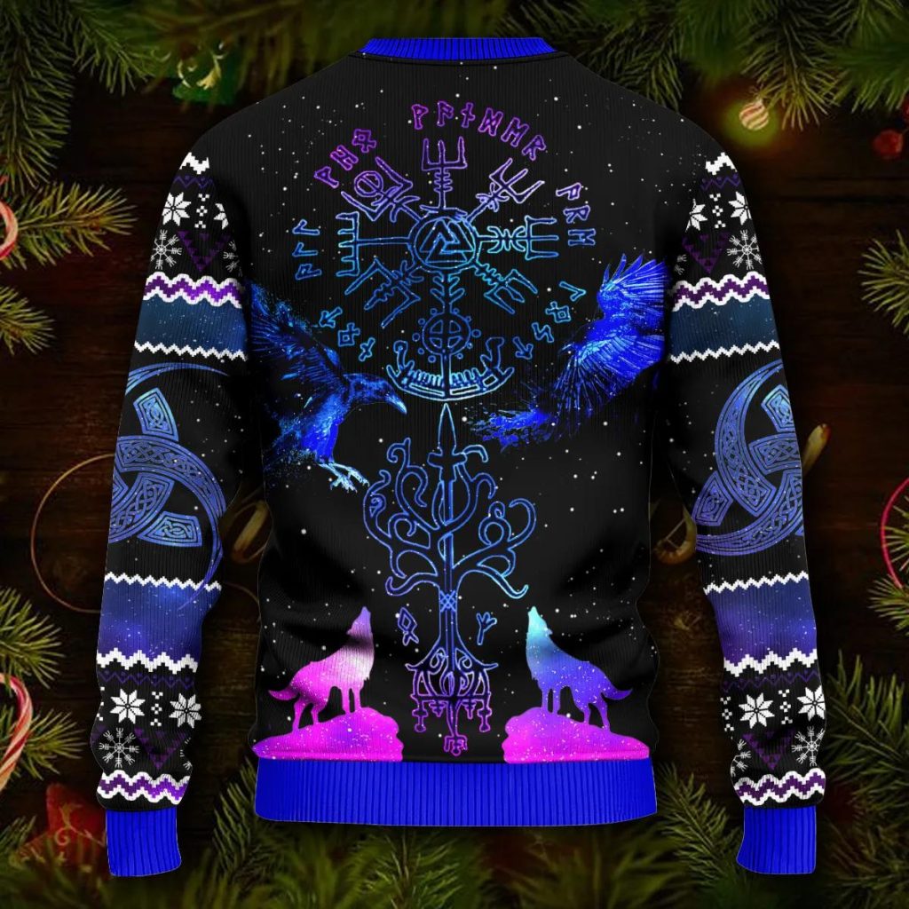 Blue Vegvisir Triple Horn Pattern Wolf Viking Ugly Christmas Sweater ...