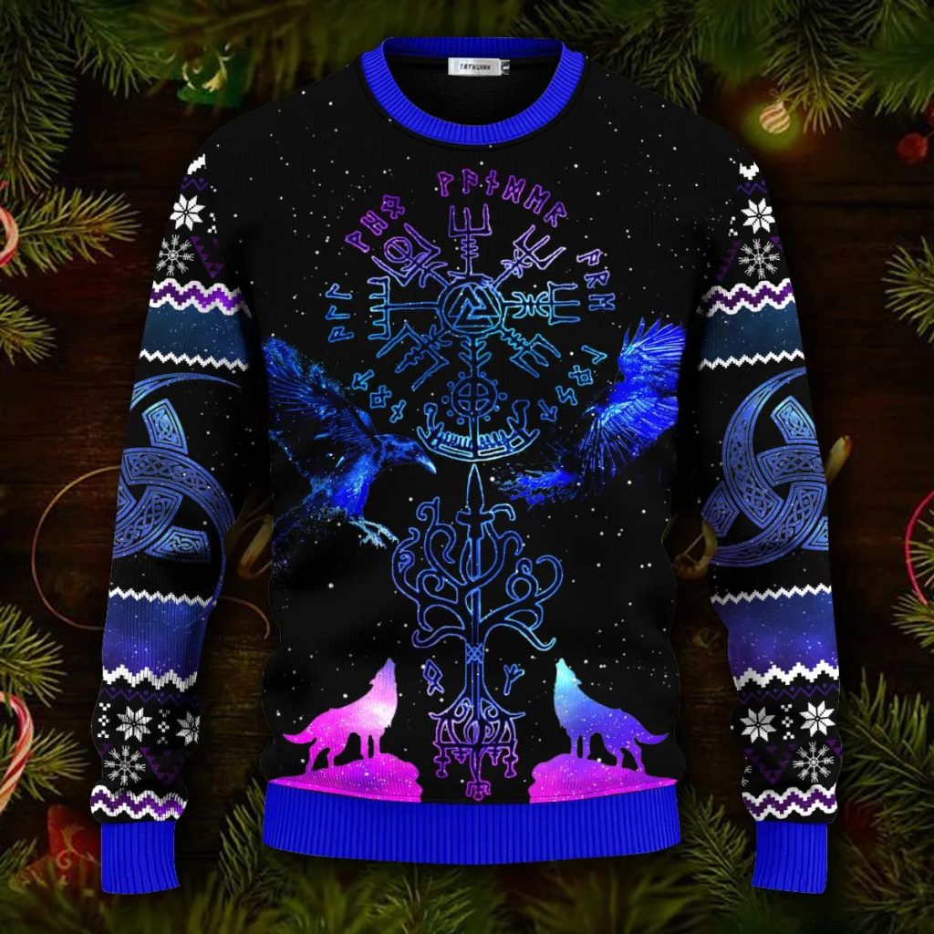 Blue Vegvisir Triple Horn Pattern Wolf Viking Ugly Christmas Sweater ...