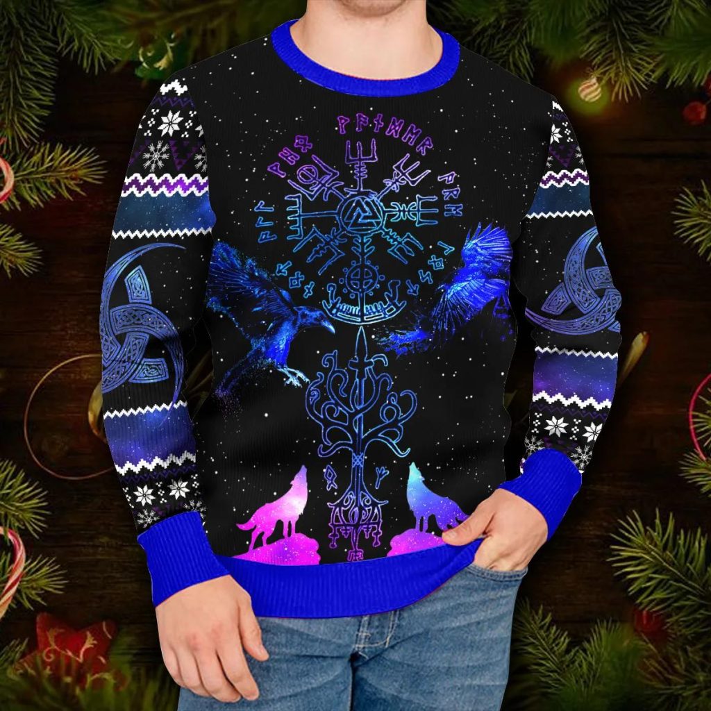 Blue Vegvisir Triple Horn Pattern Wolf Viking Ugly Christmas Sweater ...