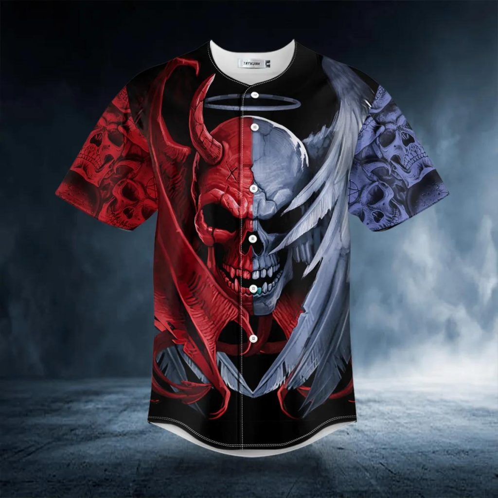 Blue Red Angelic Devil Skull Baseball Jersey - Skull & Viking Graphic ...