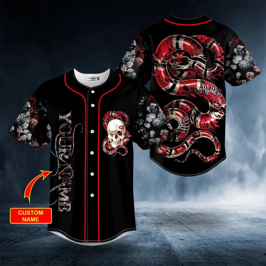 Glam Red Of Snake Skull Custom Baseball Jersey - Skull & Viking Graphic Tees | 3D All Over Print ...