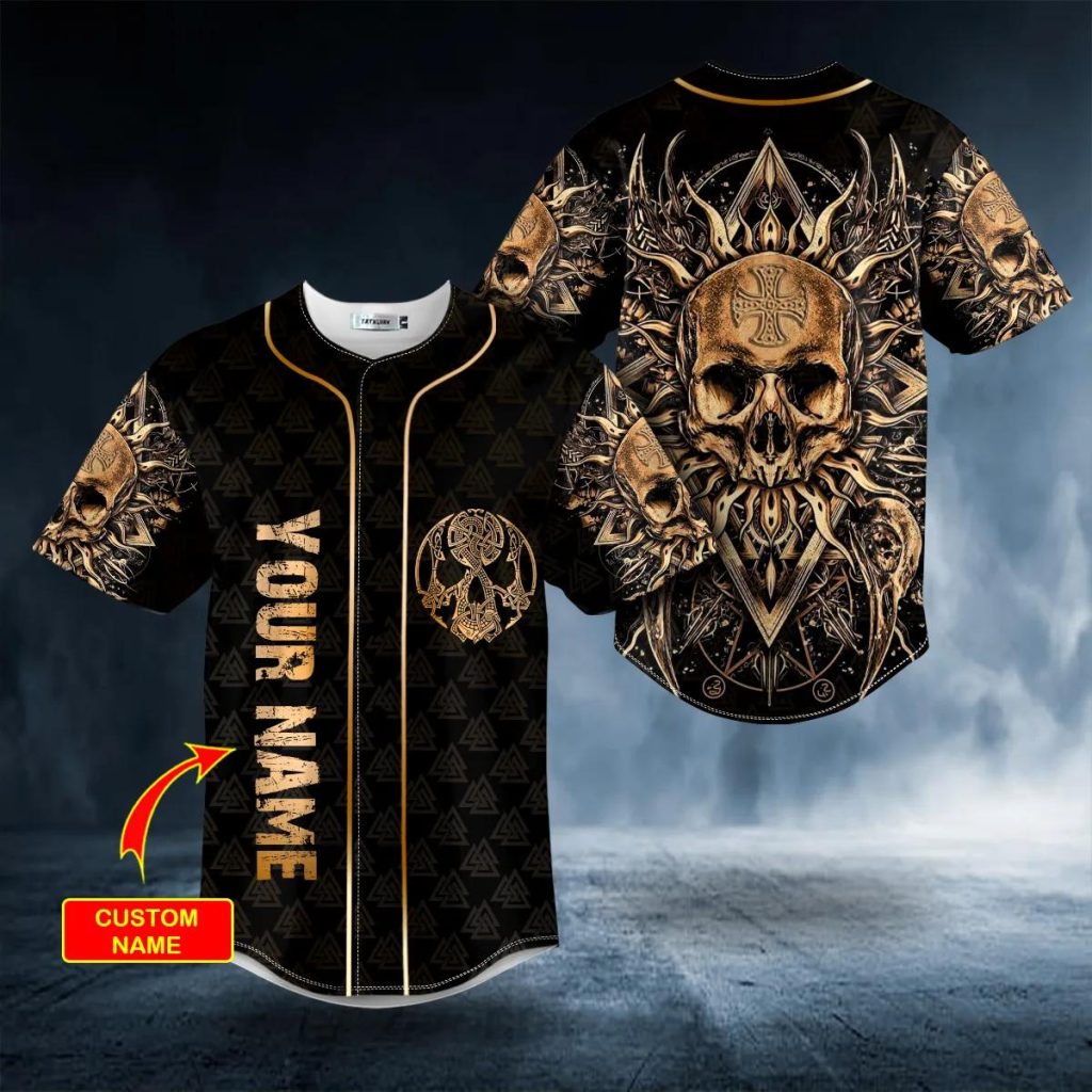 Gold Cool Abis Satanic Skull Custom Baseball Jersey - Skull & Viking ...
