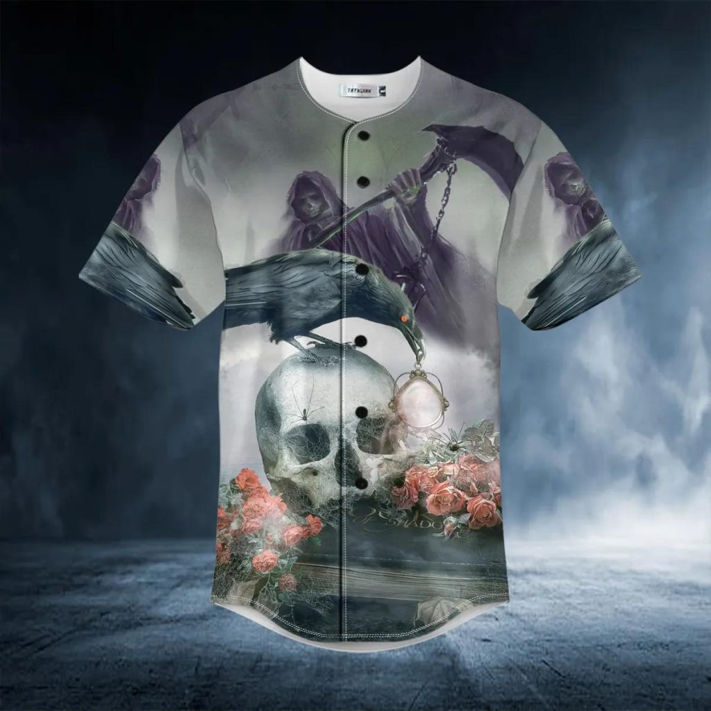 Goth Grim Reaper Raven Rose Skull Baseball Jersey - Skull & Viking ...