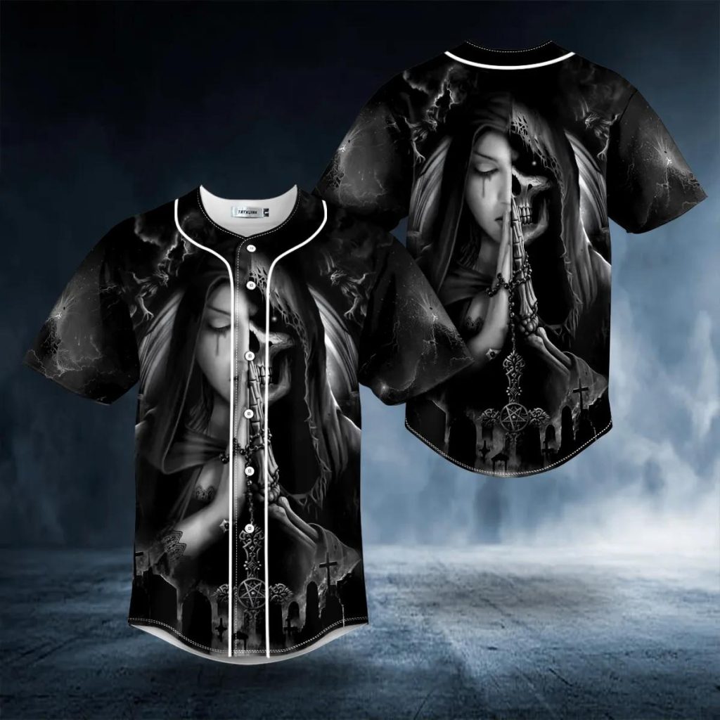 Half Prayer Grim Reaper Skull Baseball Jersey - Skull & Viking Graphic ...