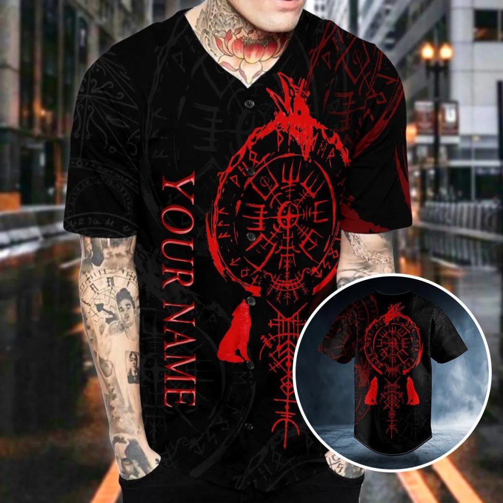 Red Runes Viking Compass Tattoo Custom Baseball Jersey - Skull & Viking ...