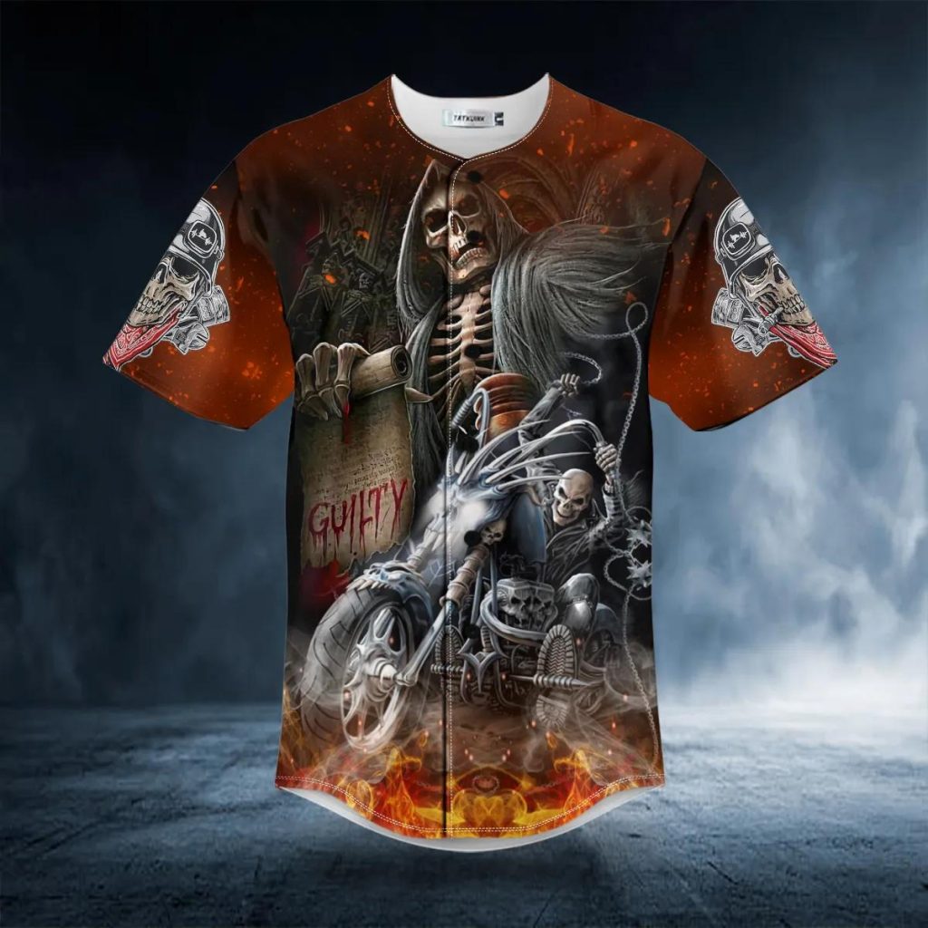 Skeleton Firer Biker Guilty Skull Baseball Jersey - Skull & Viking ...